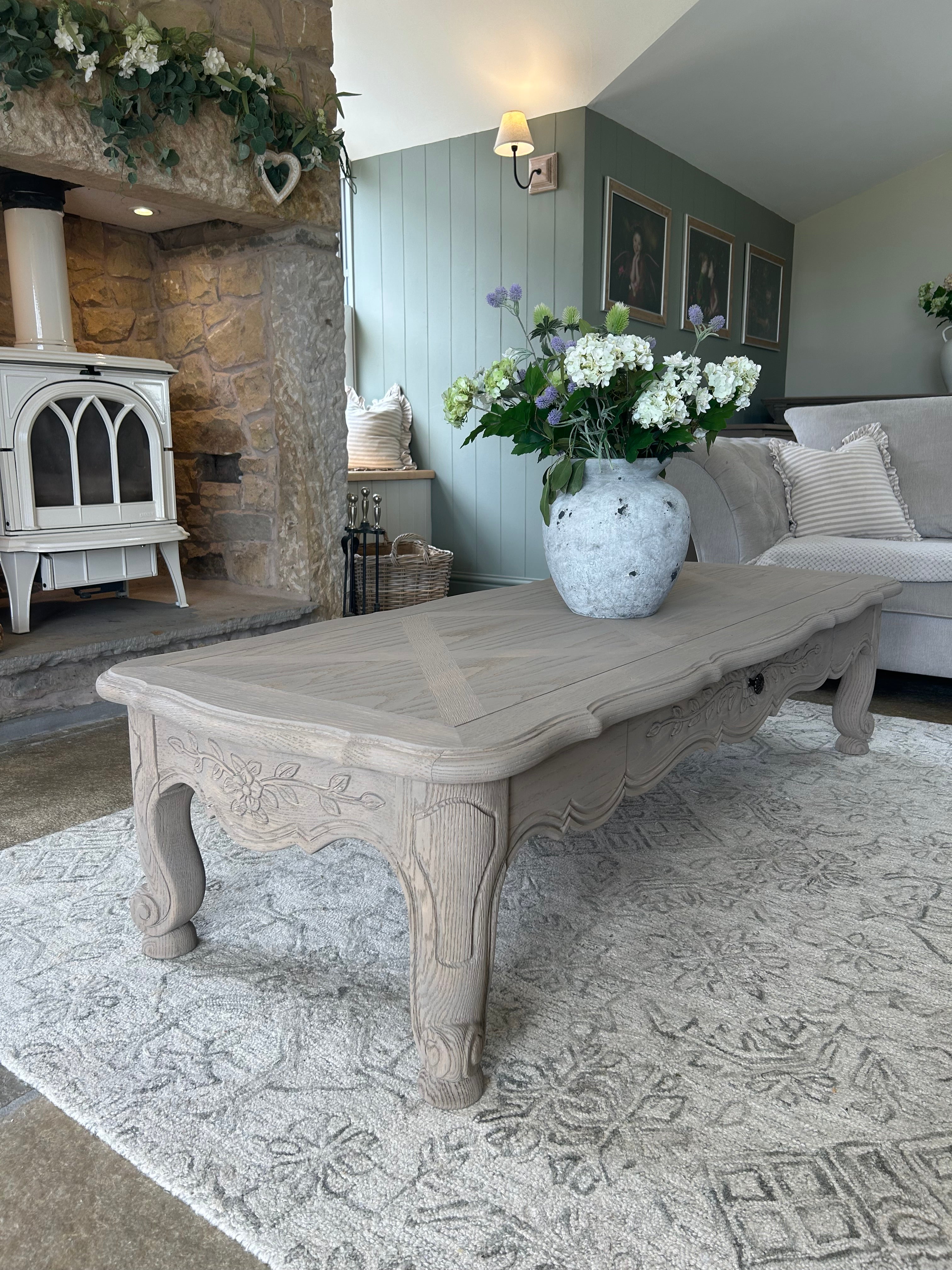 Large Solid Oak Coffee Table with carved detailing. Vintage Gems Furniture